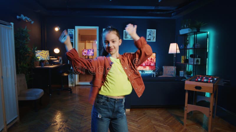 Cute Kid Pressing Record Button on Filming Equipment, Doing Dance ...