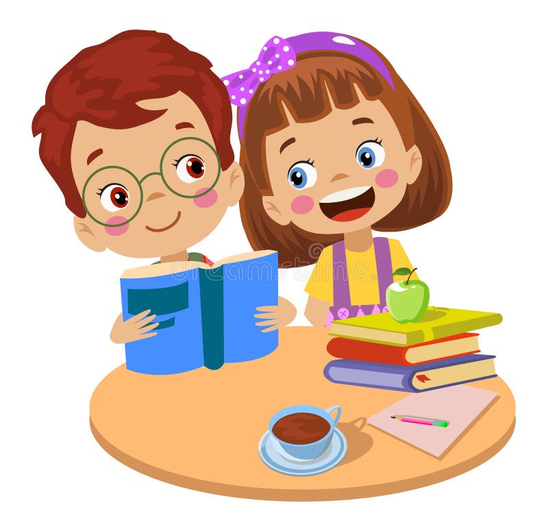 Cute Kid Reading a Book at the Round Table Stock Illustration ...