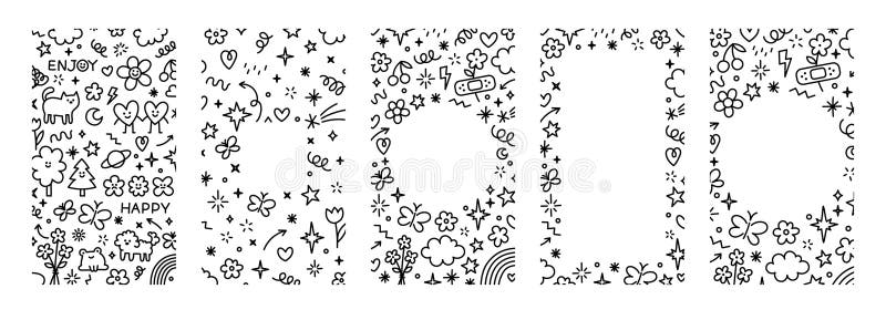 Cute Kid Scribble Doodle Frame Poster Template Set. Flower Star Heart ...