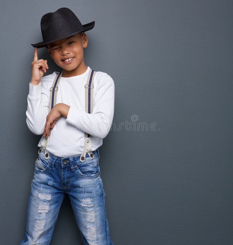Cute Little Boy Smiling with Black Hat Stock Image - Image of ...
