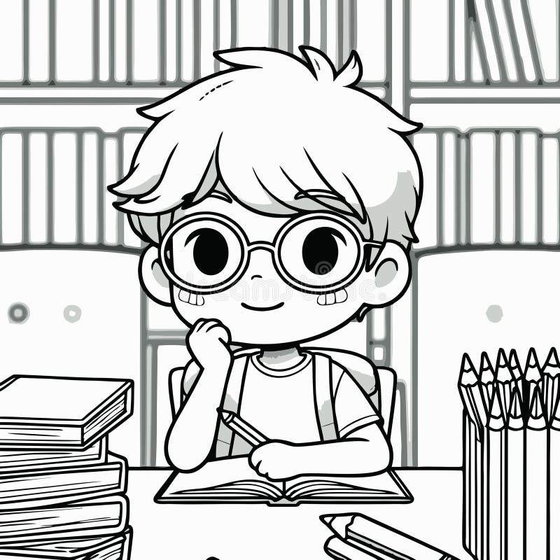 Cute Kid Studying Vector Illustration for Coloring. High Qualiity Stock ...