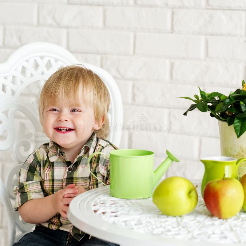 Cute Kid at the Table with Apples Stock Image - Image of childhood ...