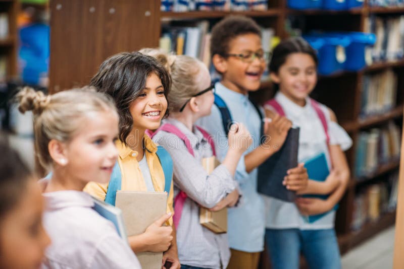 Cute Kids in Library Standing in Row Stock Image - Image of educational ...