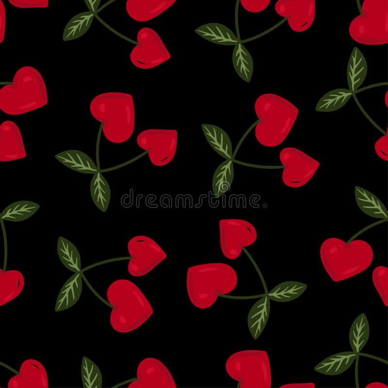 Cute Kids Pattern Design Featuring Red Cherry Hearts and Green Leaves on Black Background Stock ...