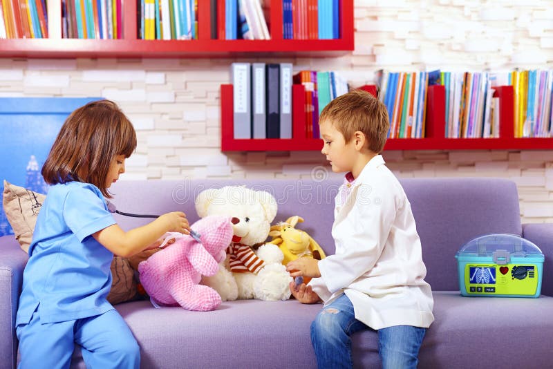 Cute Kids Playing Doctors with Toys in Office Stock Photo - Image of ...