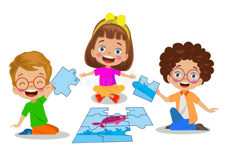 Cute and Kids Playing Puzzle Stock Vector - Illustration of jigsaw ...
