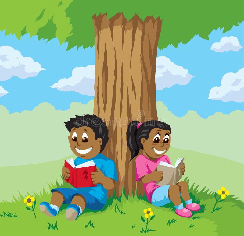 Cute Kids Reading Under a Tree Stock Vector - Illustration of hill ...