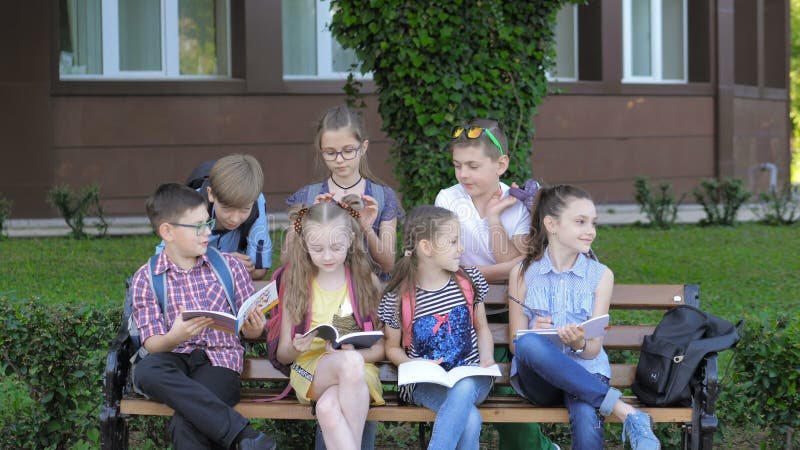 Cute Kids Study with Books and Notebooks on Bench Stock Video - Video ...