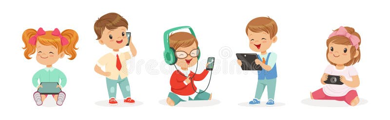 Cute Kids Using Modern Mobile Gadgets Vector Set Stock Vector ...