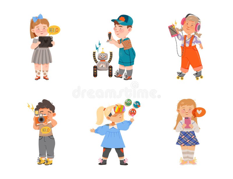 Cute Kids Using Smart Mobile Gadget and Electronic Device Vector Set ...