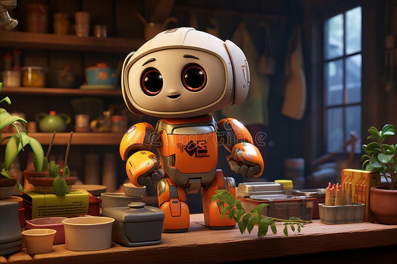 Cute and Kind Robot Preparing Breakfast in a Modern 3D Kitchen with ...