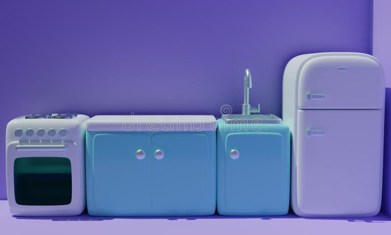 Cute Kitchen in Cartoon Style. 3d Rendering Stock Illustration ...