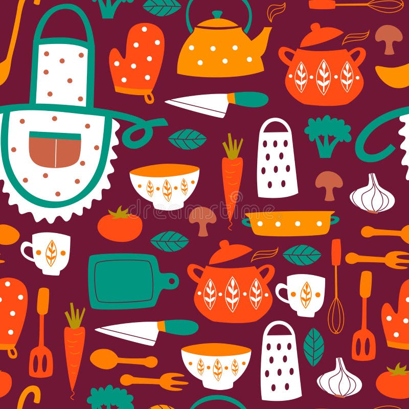 Cute Kitchen Vector Seamless Pattern. Stock Vector - Illustration of ...