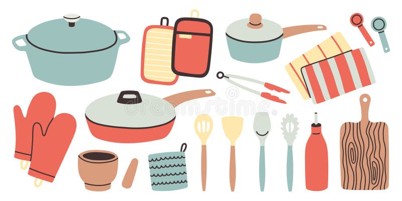 Cute Kitchenware Set. Vector Kitchen Utensils Tools and Equipment ...