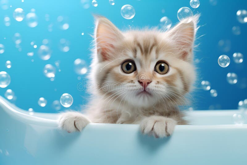 Cute Kitten in the Bath on a Blue Background with Soap Bubbles Stock ...