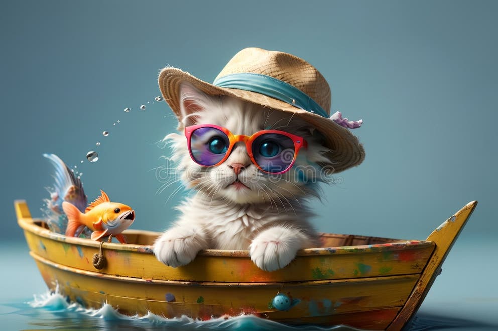 Cute Kitten in a Boat on the Sea with Fish Stock Image - Image of ...