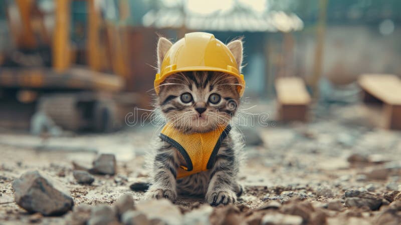 A Cute Kitten in a Builder Outfit at a Construction Site with a Safety ...