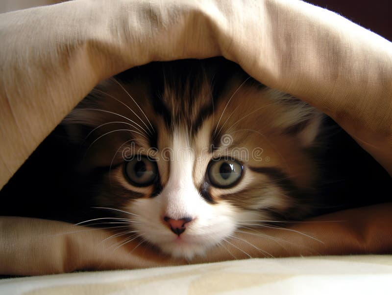 Cute Kitten Cat Hidden Under the Blanket. AI Generated Stock Image ...