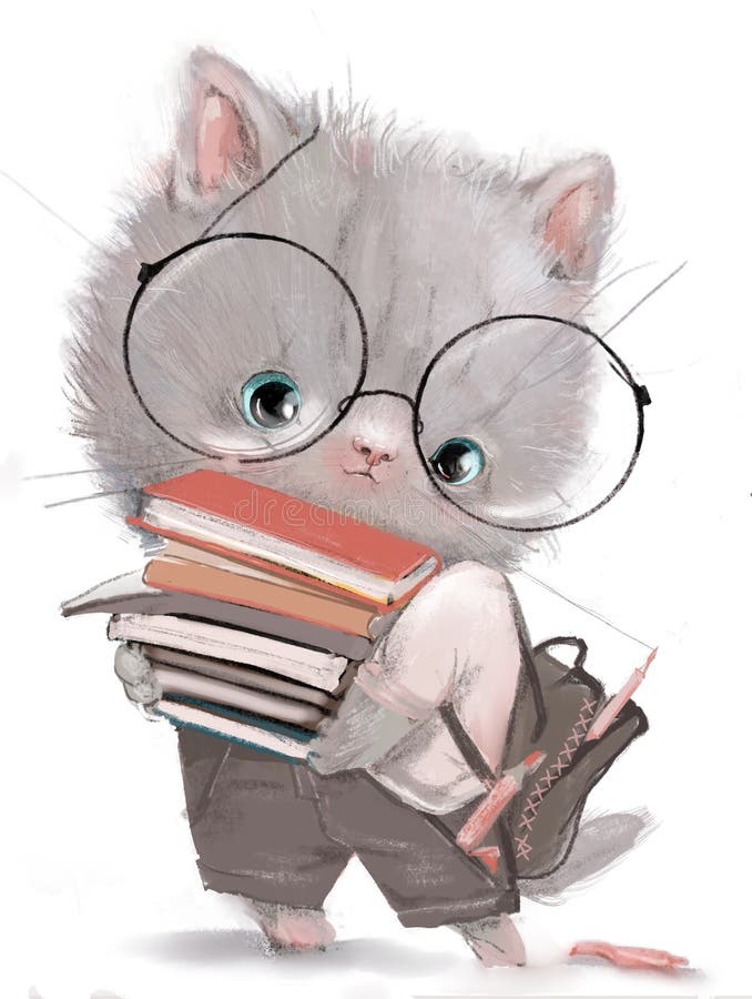 Cute Kitten Character with Lot of Books Stock Image - Image of color ...