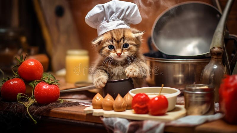 Cute Kitten in Chef S Hat Cooking in Kitchen Stock Illustration ...