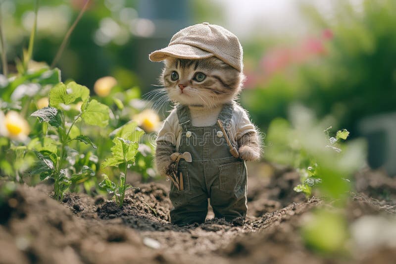 Cute Kitten Dressed As Gardener Working in Garden Stock Image - Image ...
