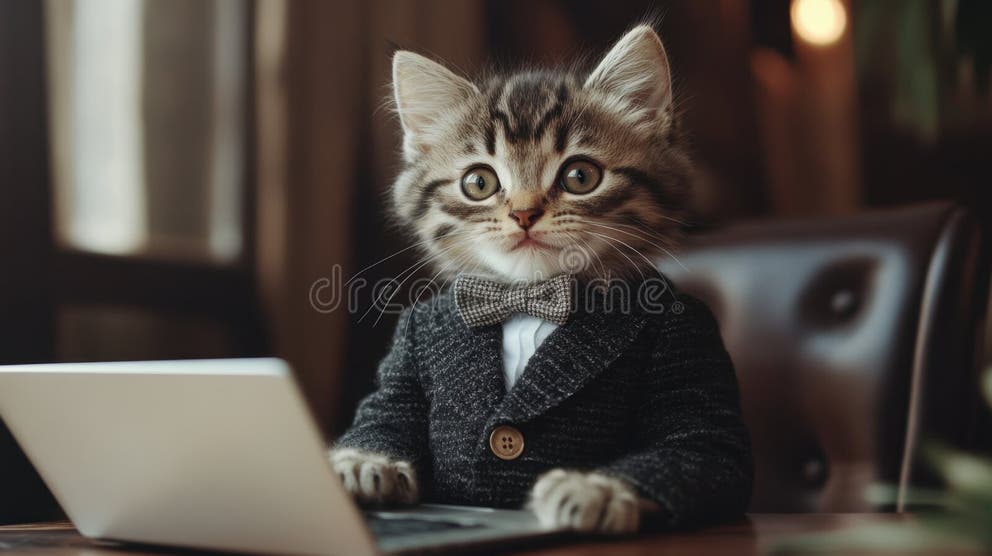 Cute Kitten, Dressed Office Style, Sits Working at a Laptop in the ...