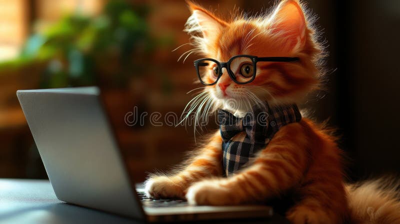 Cute Kitten, Dressed Office Style, Sits Working at a Laptop in the ...