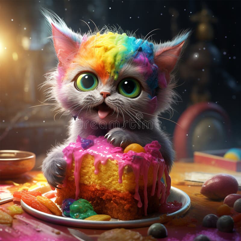 Cute kitten is eating cake stock illustration. Illustration of sweet ...
