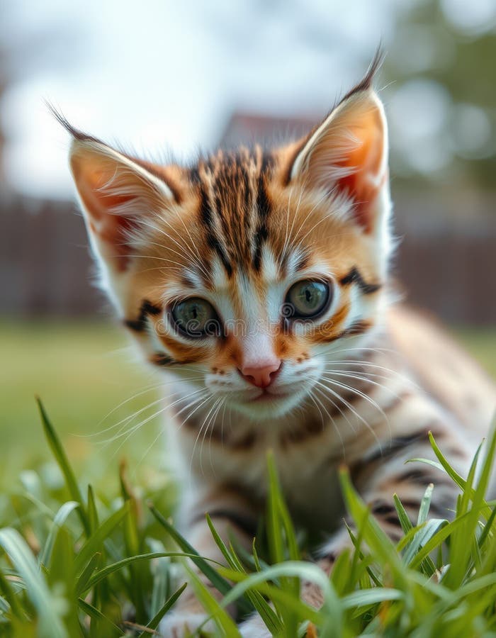 Cute Kitten Exploring Lush Green Grass Under a Bright Sky in a Backyard ...