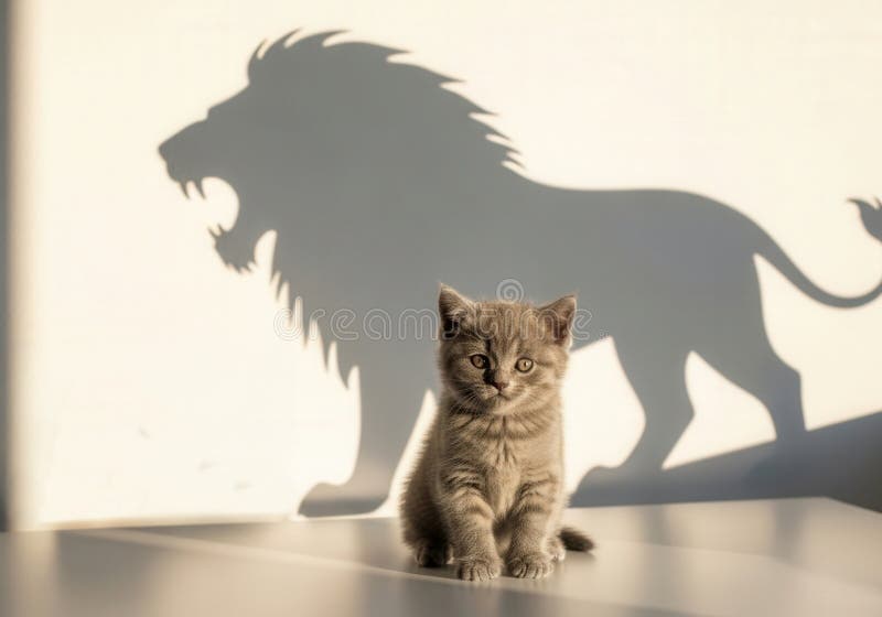 Cute Kitten with Ferocious Lion Shadow on Sunlit Wall Stock Image ...