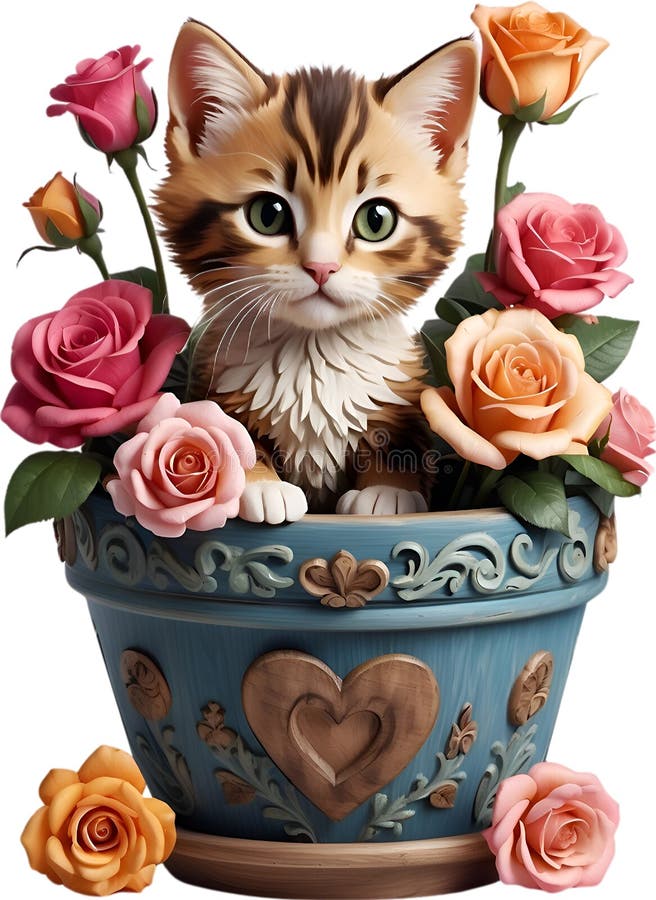 Cute Kitten in a Flower Pot. AI-Generated. Stock Illustration ...