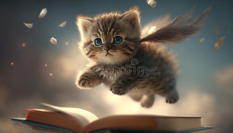 Cute Kitten Flying with Books Illustration Image Generative AI Stock ...