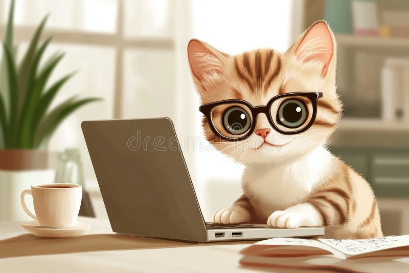 Cute Kitten with Glasses Working on Laptop in Cozy Workspace. AI Stock ...