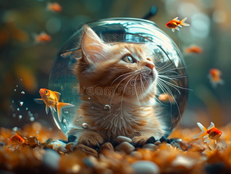 Cute Kitten and Goldfish in the Fishbowl Stock Image - Image of kitten ...