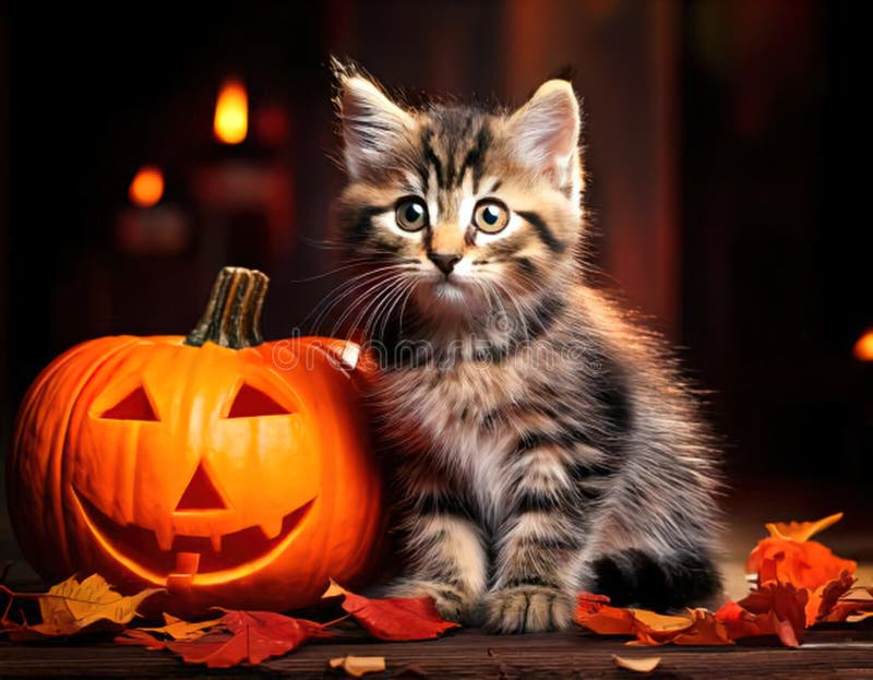 Cute Kitten in a Halloween Scene at 11-10-2024 Stock Illustration ...