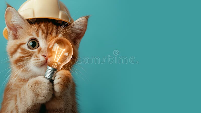Cute Kitten with Hard Hat Holding Glowing Light Bulb on Blue Background ...