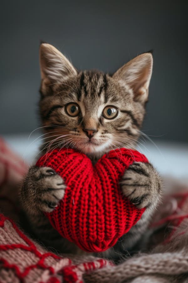 Cute Kitten Holding a Red Knitted Heart in His Hands Stock Image ...