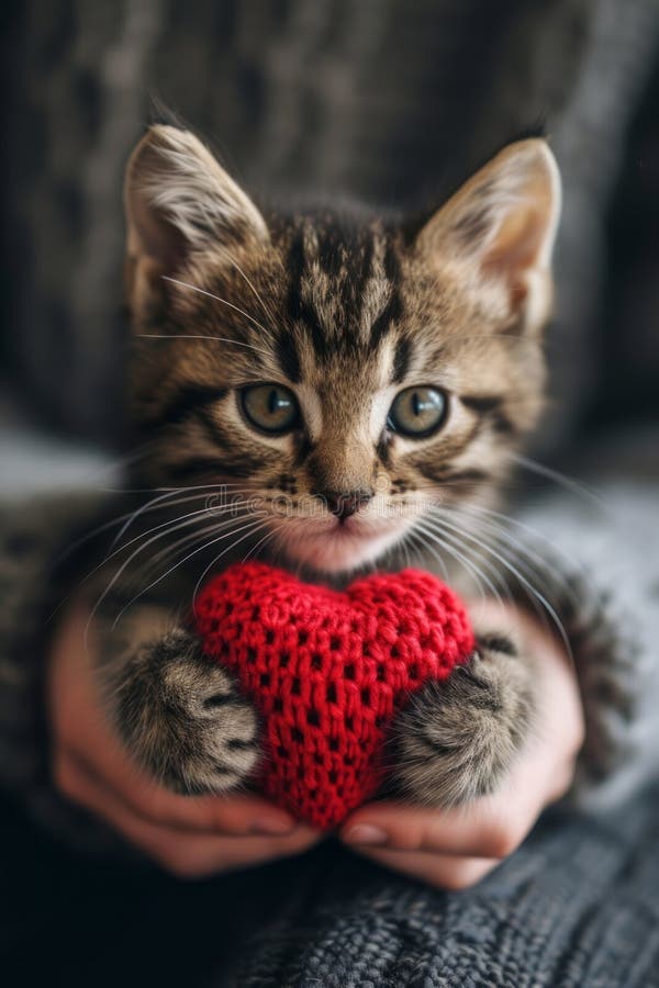 Cute Kitten Holding a Red Knitted Heart in His Hands Stock Image ...