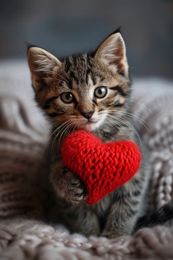 Cute Kitten Holding a Red Knitted Heart in His Hands Stock Image ...