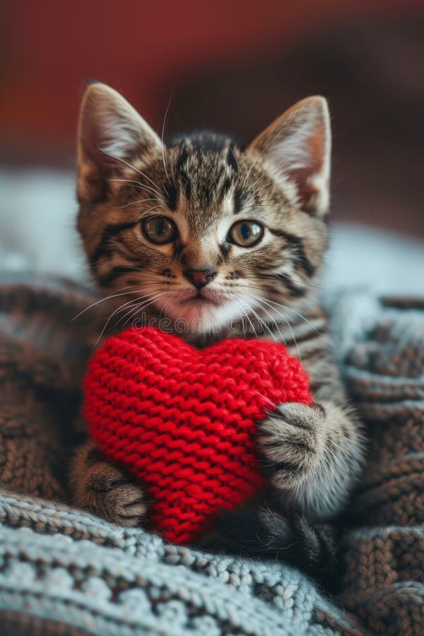 Cute Kitten Holding a Red Knitted Heart in His Hands Stock Image ...