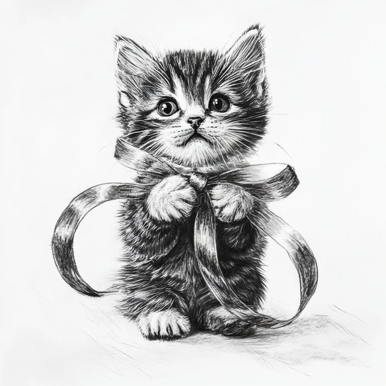 Cute Kitten Holding a Ribbon with Adorable Expression Stock ...