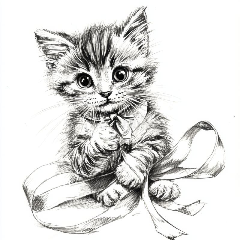 Cute Kitten Holding a Ribbon with Wide Eyes Stock Illustration ...