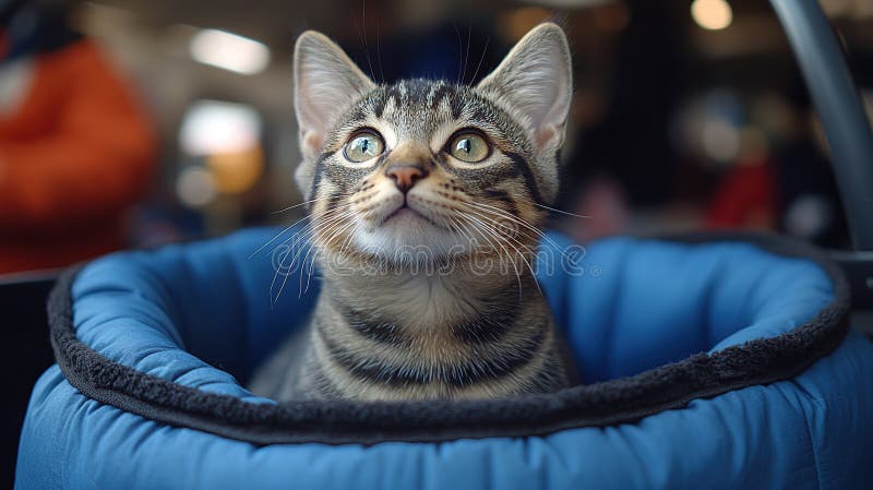 Cute Kitten Looking Upward in a Blue Pet Bed Stock Illustration - Illustration of tabby, care ...