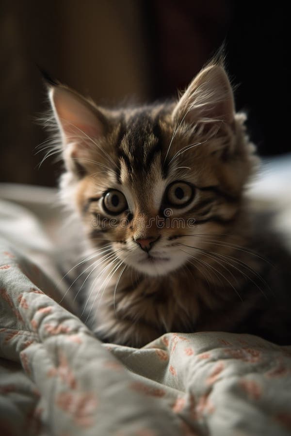 Cute Kitten Lying on Bed and Looking at Camera. Stock Illustration ...