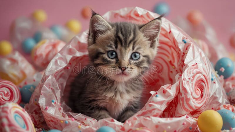 A Cute Kitten Nestled in Colorful Candy-themed Decor Stock Illustration ...
