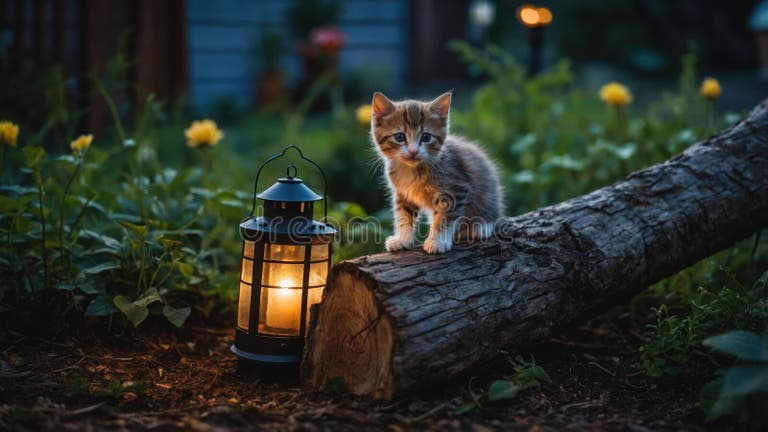 Adorable Kitten Posing on a Log at Dusk with a Glowing Lantern Stock ...
