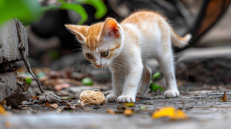A Curious Little Kitten Looking at a Ball of String on the Ground Stock ...