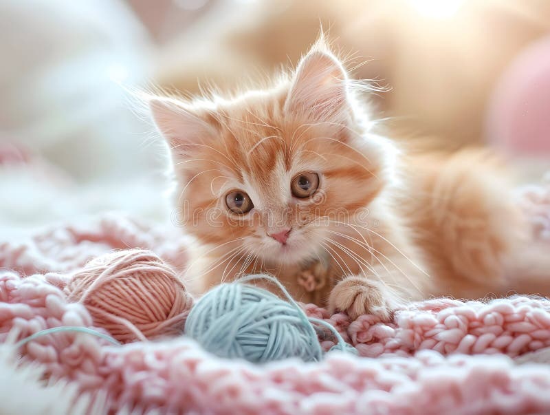 Cute Kitten Playing with a Ball of Yarn Stock Illustration ...