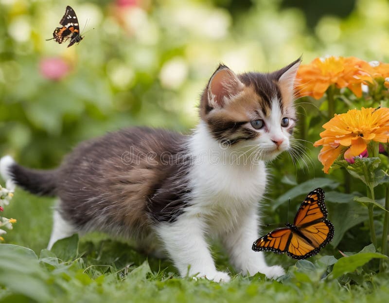 Cute Kitten Running on Green Grass on a Sunny Summer Day, Active Cat ...