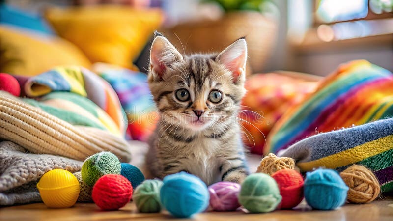 Cute Kitten Playing with Colorful Balls of Yarn Stock Illustration ...